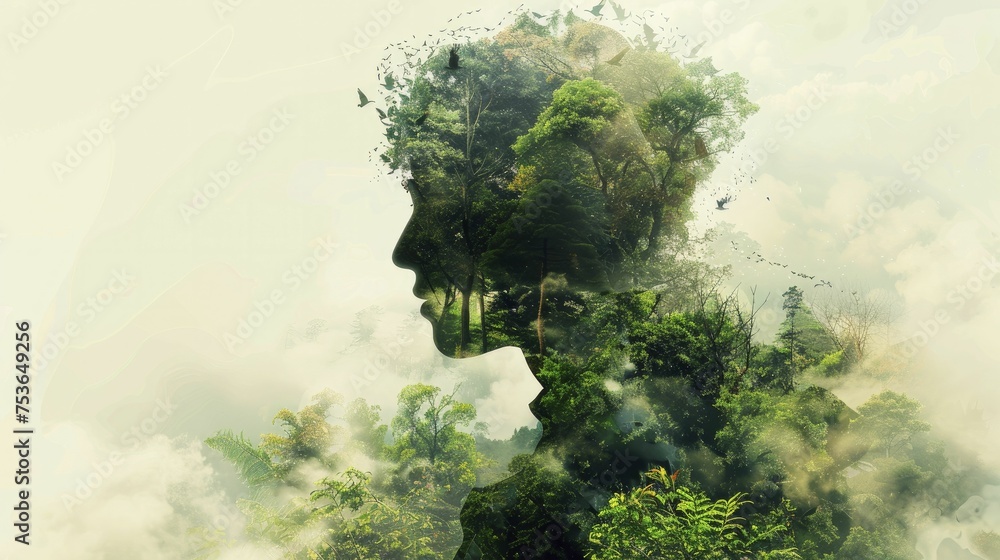 A digital graphic of a human silhouette filled with nature scenes ...