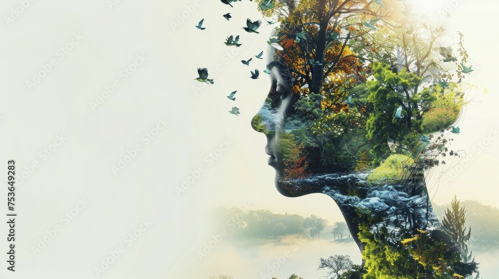A human silhouette in a digital graphic interwoven with nature scenes ...