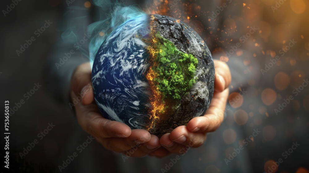 A digital graphic of the Earth cradled in human hands, with one side ...