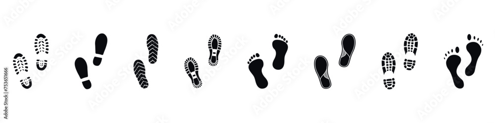 Footprint trail. Walking steps path, hiking legs tracks, footwear sole ...