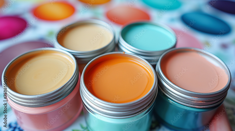 Tiny sample paint cans during house renovation, process of choosing ...