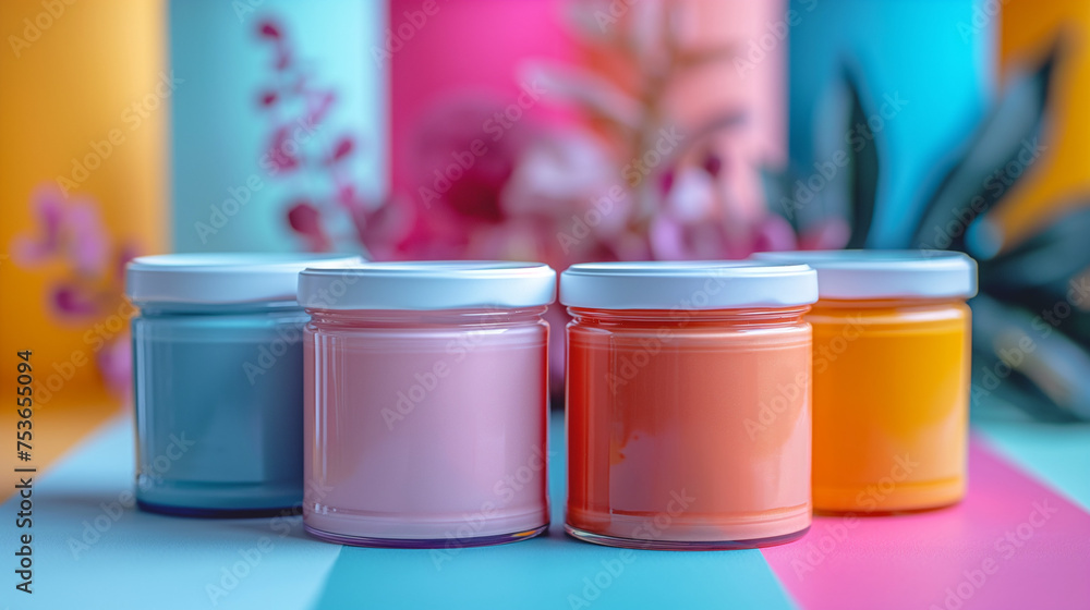 Tiny sample paint cans during house renovation, process of choosing ...