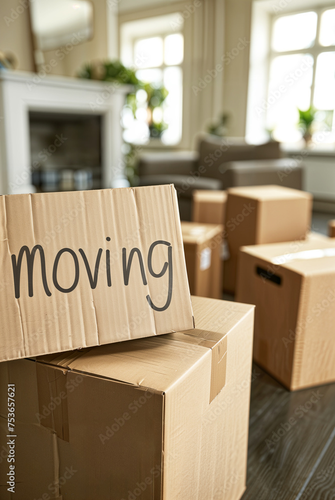 Cardboard boxes stacked on a cozy modern home floor, the word moving is ...