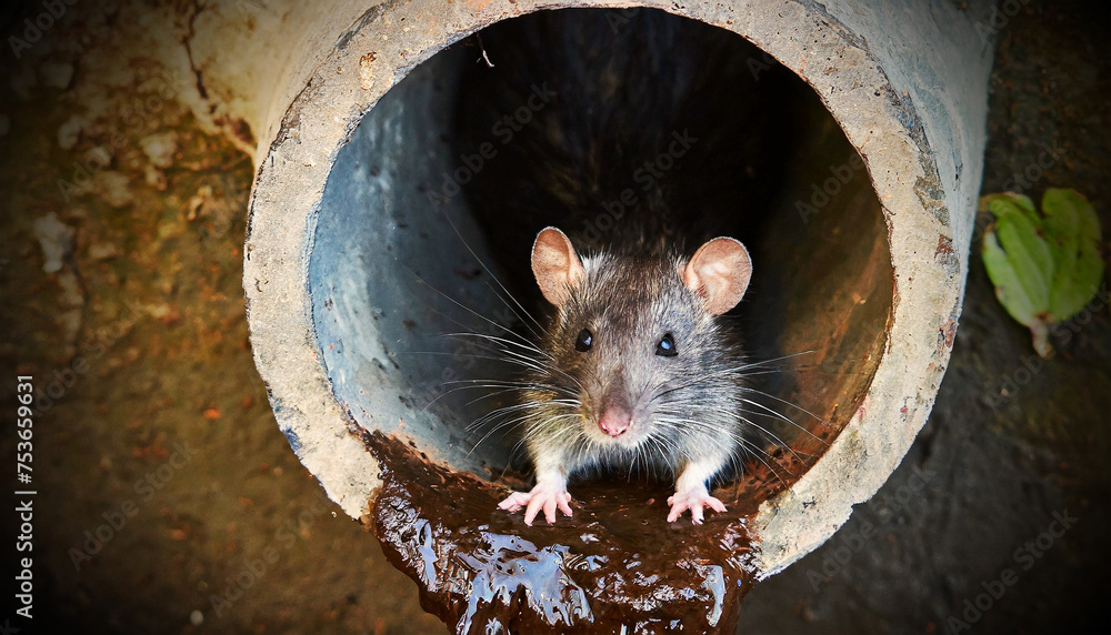Closeup of a rat inside a rusty sewer pipe; rat looking out of a drain ...