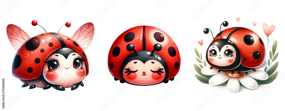 Cute Ladybug set. Playful Ladybug Clipart, Watercolor Insect, Sleepy ...