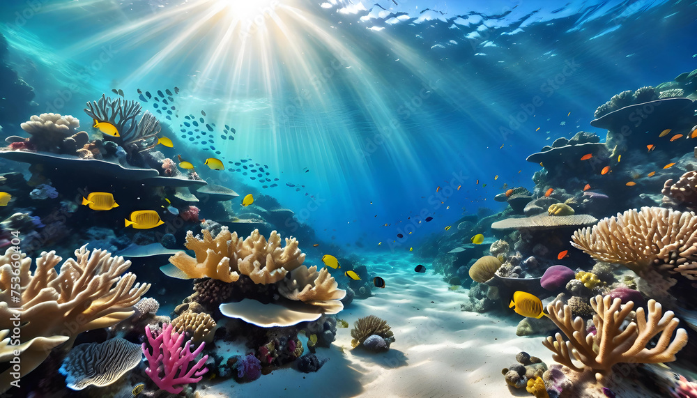 Tropical ocean floor with colorful and beautiful coral reefs and ...