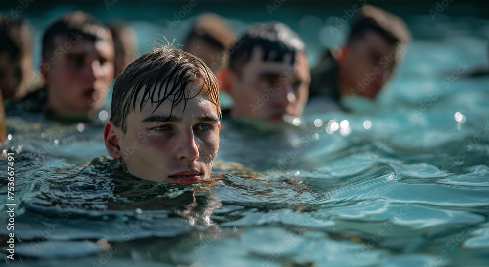 Trainees practice water survival in a pool, their faces are firm and ...