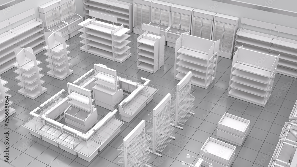Grocery store layout top view with empty shelves. 3d illustration ...
