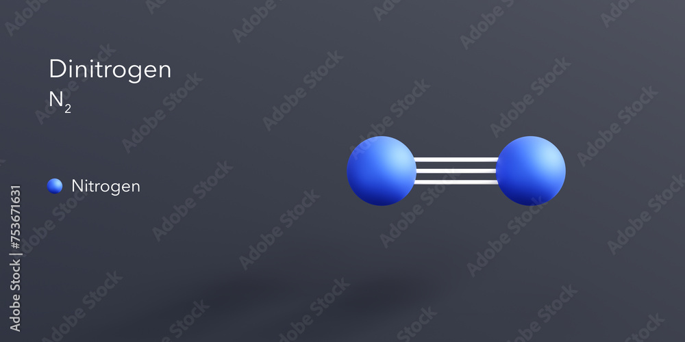 nitrogen molecule 3d rendering, flat molecular structure with chemical ...
