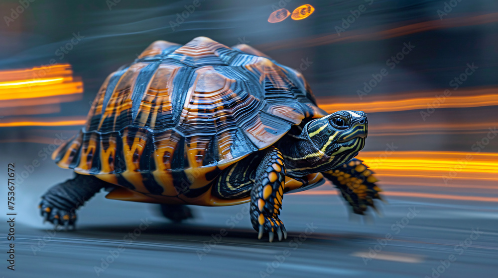 Turtle running extremely fast on busy city street at night showing a ...
