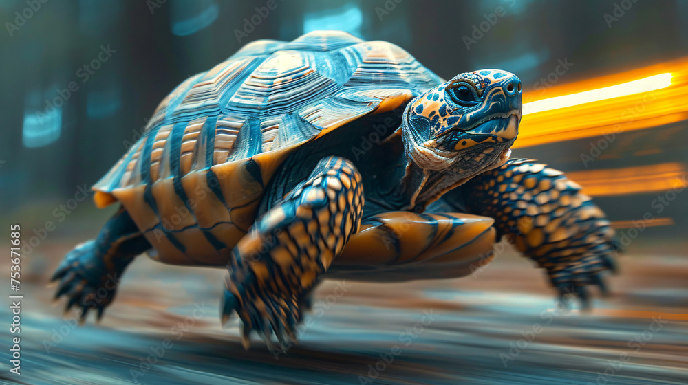 Turtle running extremely fast on busy city street at night showing a ...