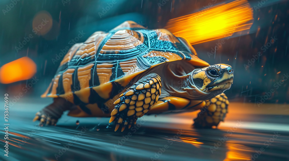 Turtle running extremely fast on busy city street at night showing a ...