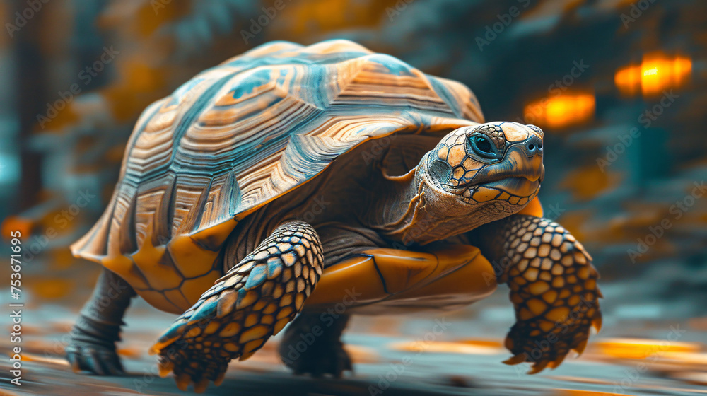 Turtle running extremely fast on busy city street at night showing a ...