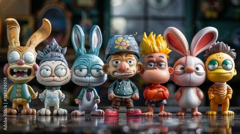 Collection of stylized cartoon figures with exaggerated features and ...