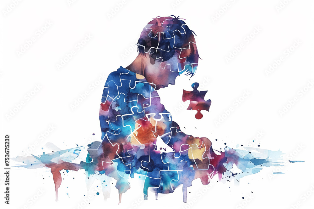 Hand-drawn watercolor autism child isolated, watercolor, white ...