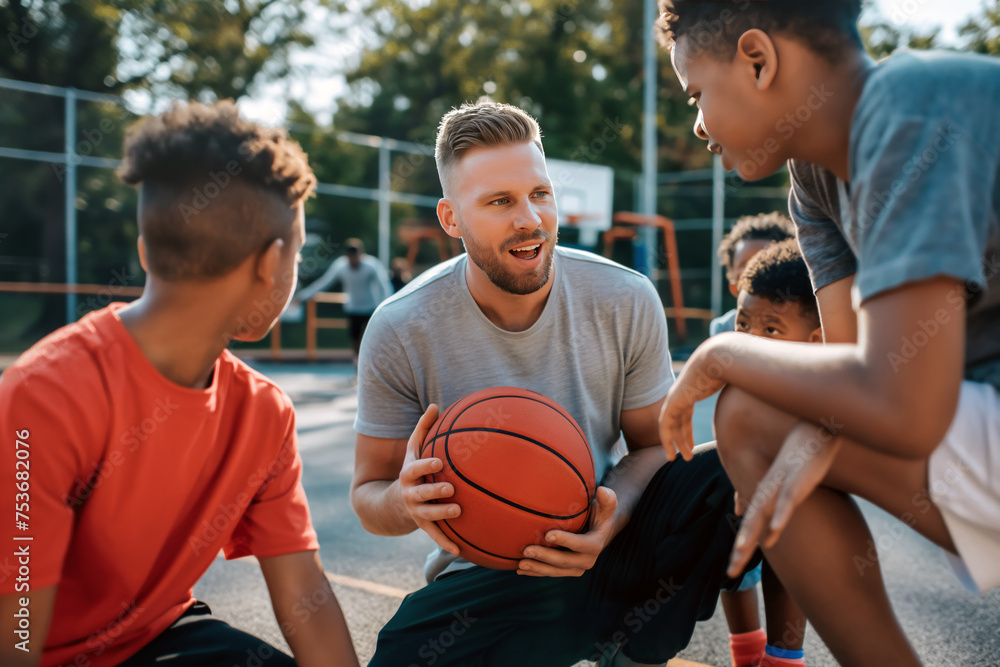 Young Basketball Coach With Happy Kids in Training. Trainer Explaining ...