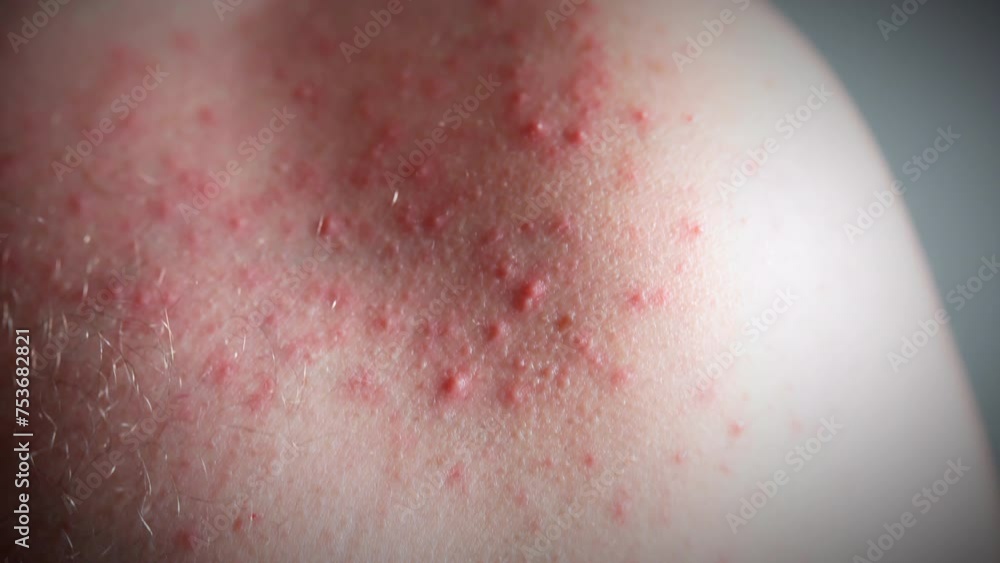 Close-up shot of skin rashes and pimples on human shoulder, red itchy ...