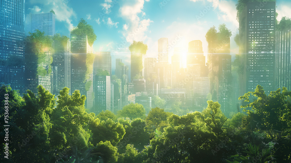 Nachhaltige Stadt aus der Luft mit grünen Fassaden und ökologische ...