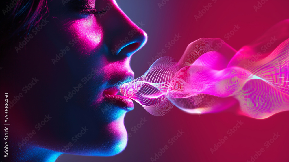 Futuristic Neon Profile with Soundwave Art. Close-up of a woman's ...