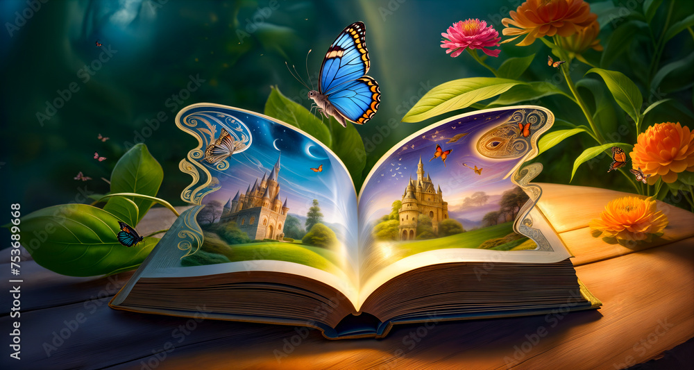 open magic book with a fairy scene inside, fairy tale style background ...