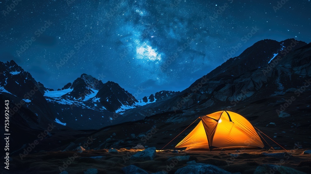 Alpine Starlight Camp, In the embrace of alpine peaks, a tent radiates ...