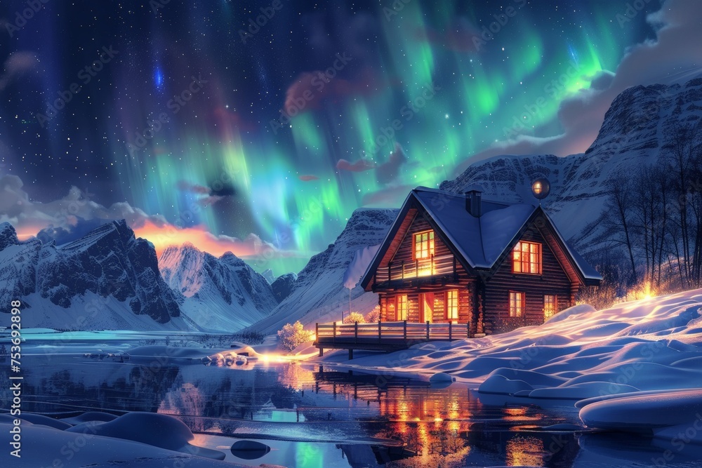Northern lights viewing in Iceland, snowy landscape, Snow-clad chalet ...