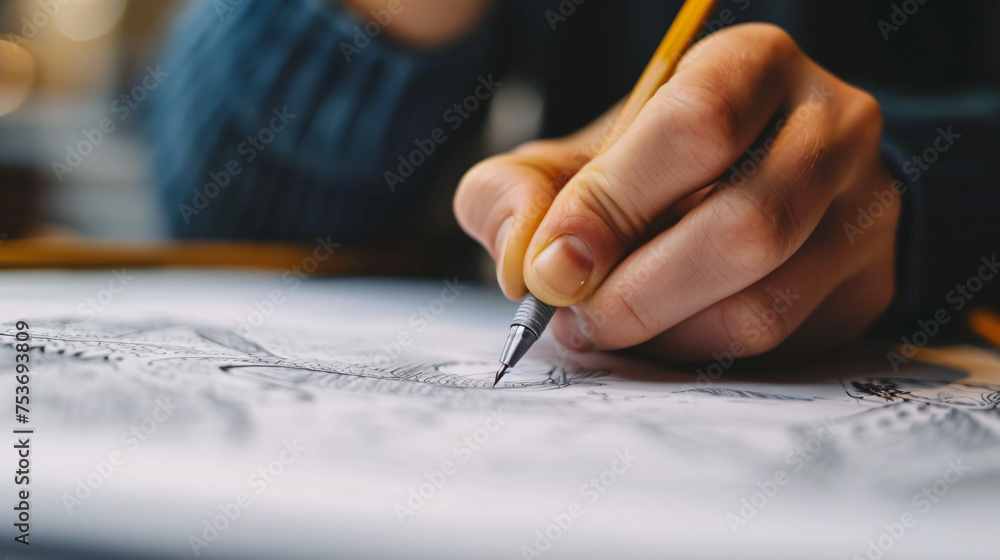 Artist's hand sketches serene nature landscape, detailed pencil drawing ...