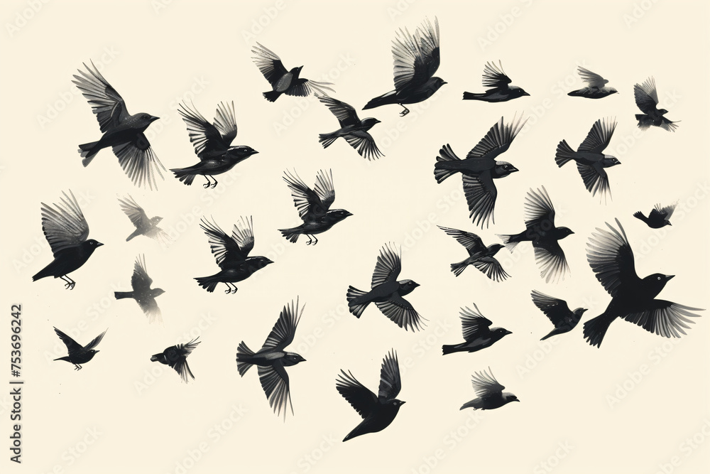 Silhouetted birds in flight on beige background, Multiple blackbirds ...