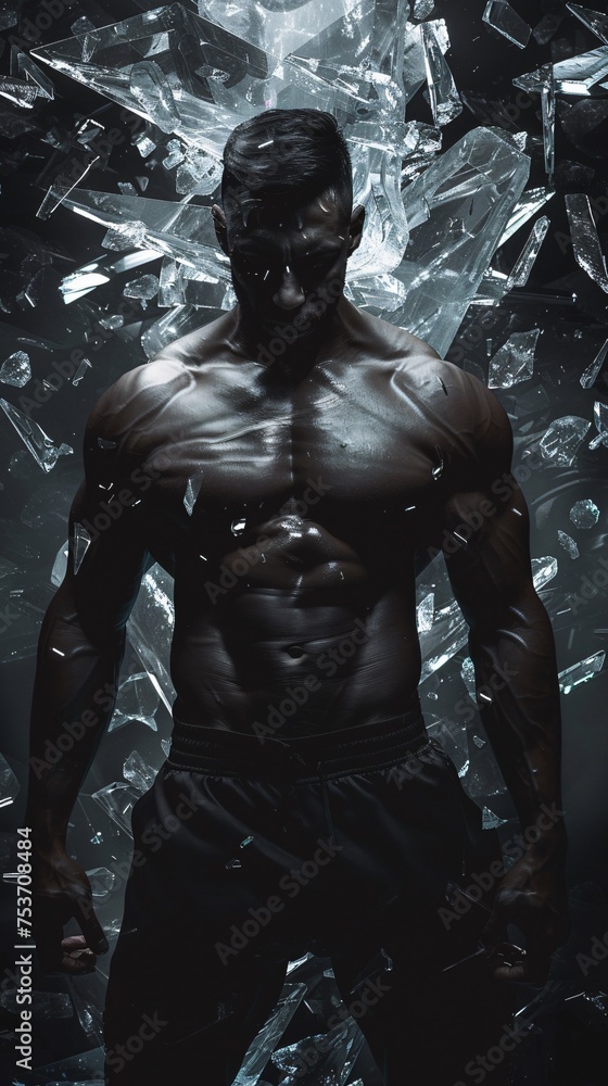 Strong six pack contrasted with a jet black background and shards of ...