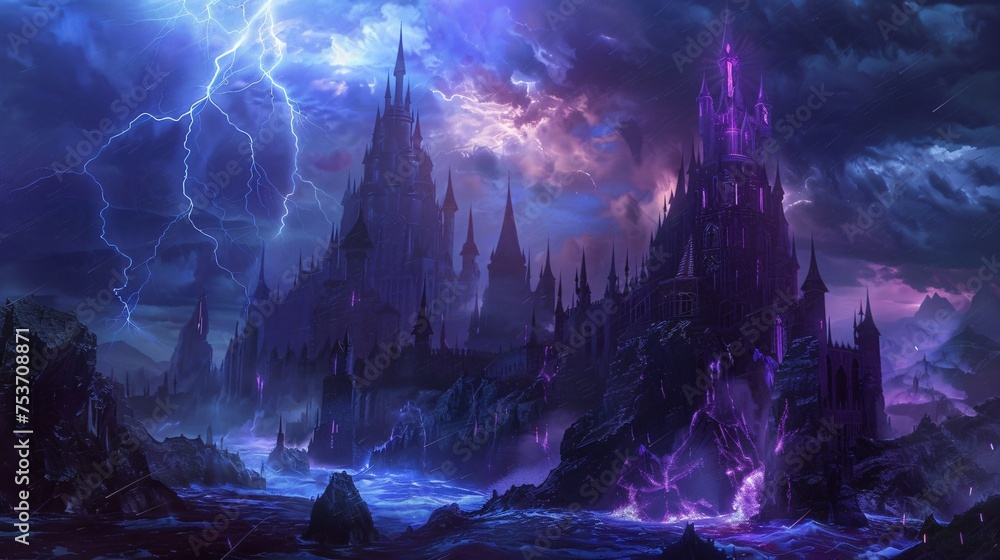 Thunderstorm raging above a medieval castle mystical energies swirling ...