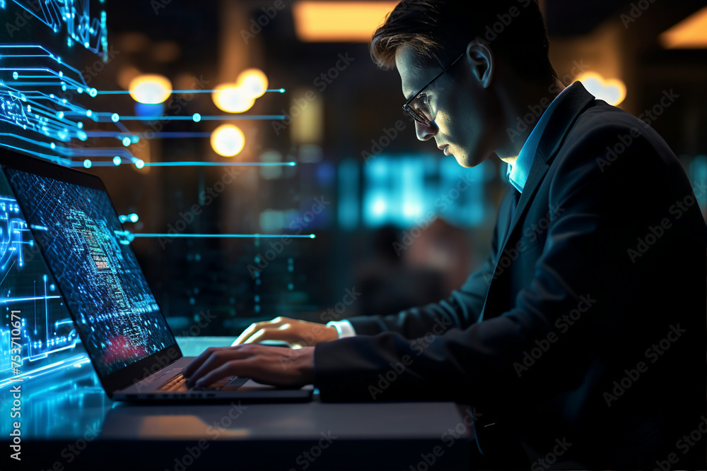 Experienced hacker in action breaking software protection server code Generative Ai image pic ...