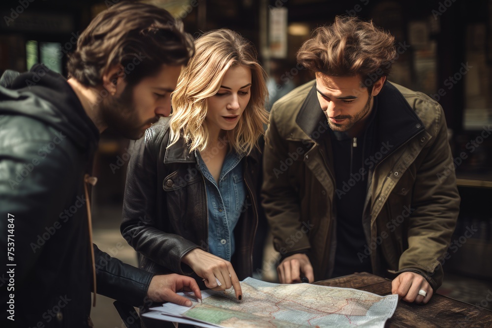 Tourists checking on a map, tourists holding city map crossing the road ...