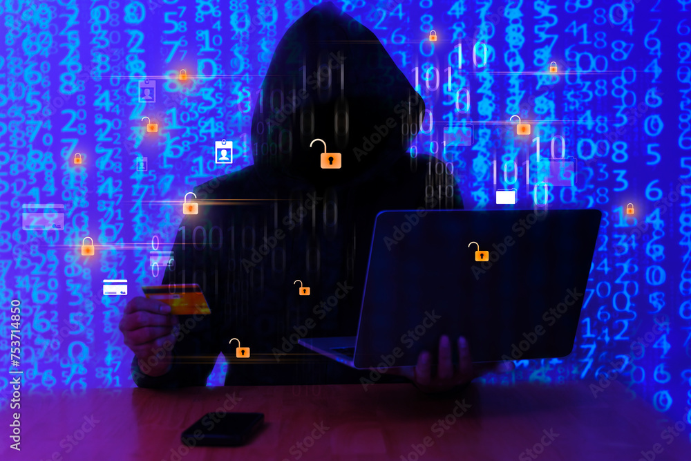 Hooded computer hacker in cybersecurity vulnerability Log4J on server room background. Photos ...