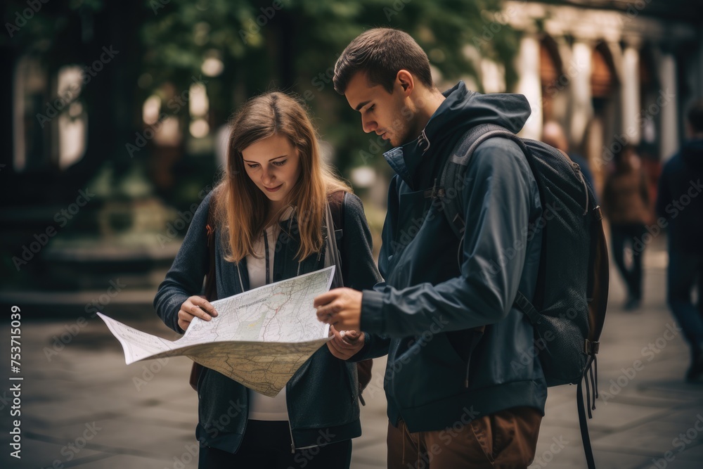 Tourists checking on a map, navigating with a map, AI-generated Stock ...