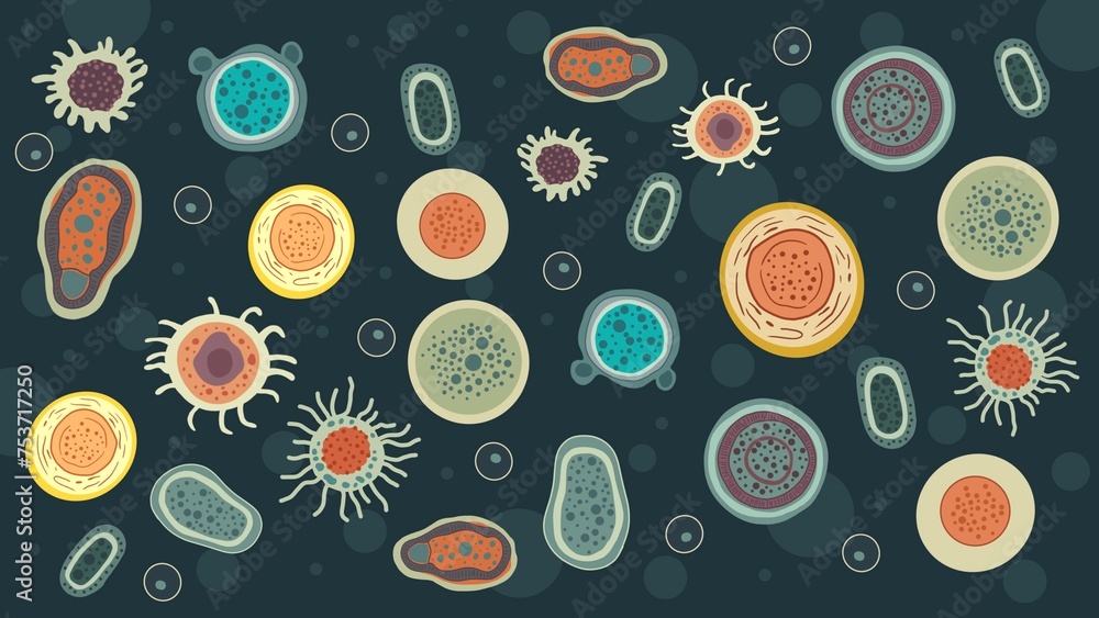 biology school, Bacteria in different shapes and colors, microorganism ...