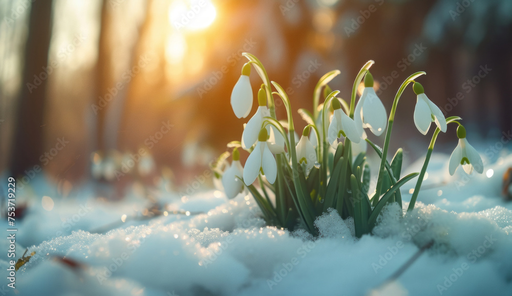 White snowdrops are seen blooming in the snow near the forest ...