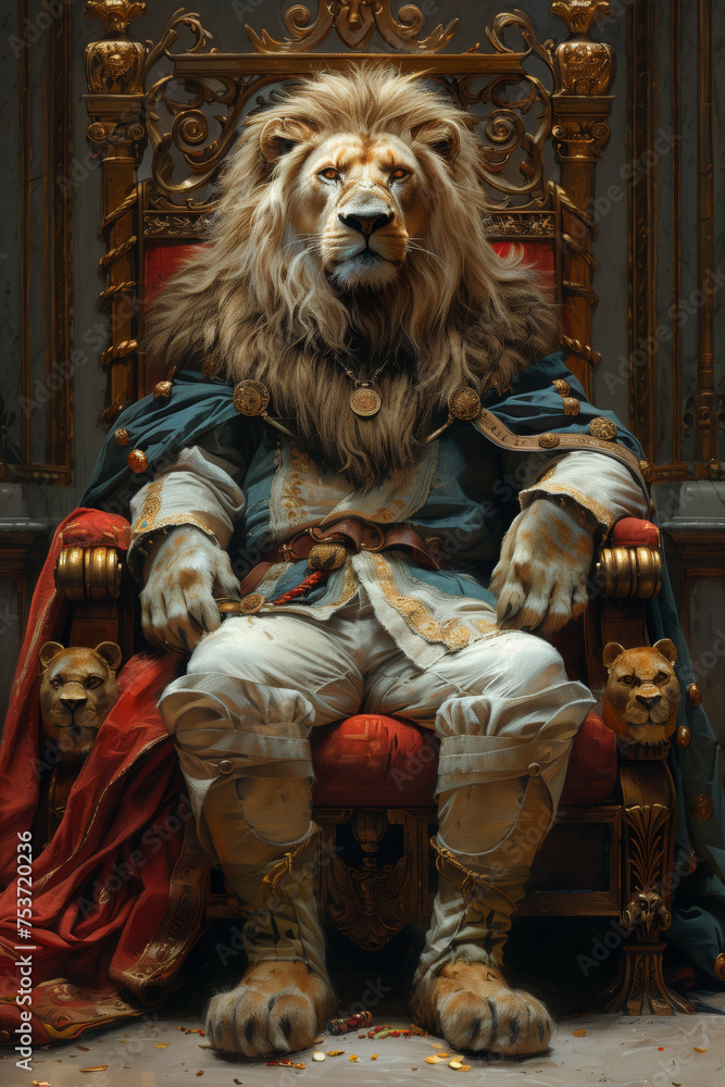 Anthropomorphic lion king sitting on a throne, wearing renaissance ...