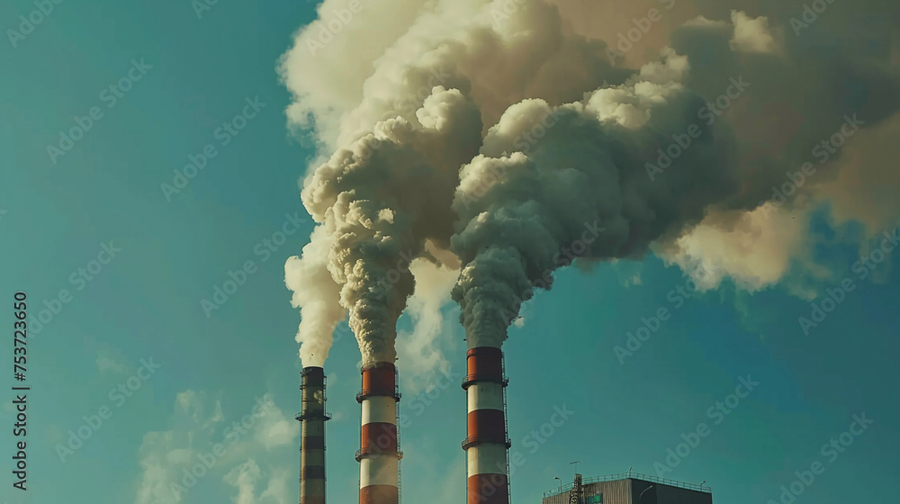 Industrial power plant with thick CO2 smoke from chimney. Pollution and ...