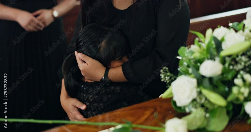 Vidéo Stock Death, grief and family by coffin in church, mourning and ...
