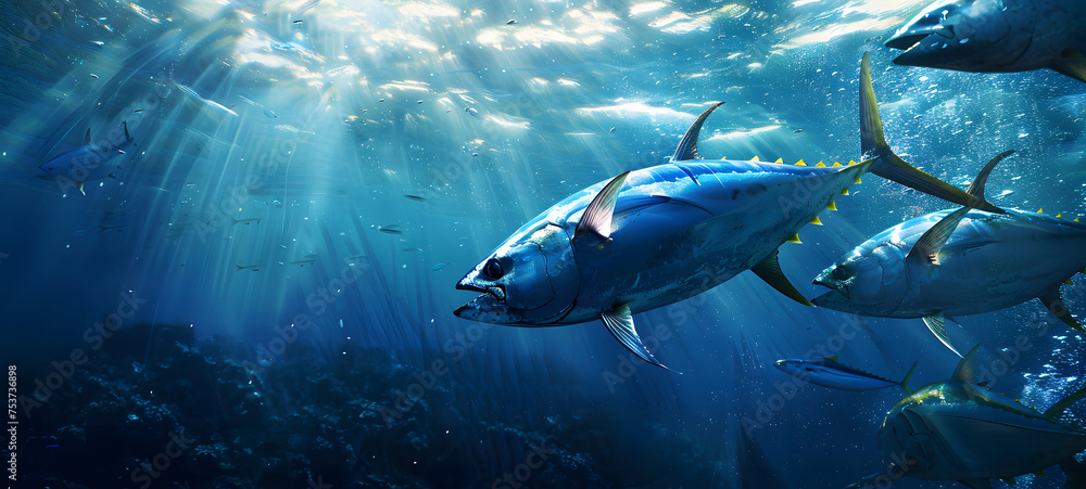Tuna in the deep blue water of the Red Sea. Tuna fish. World Tuna Day ...