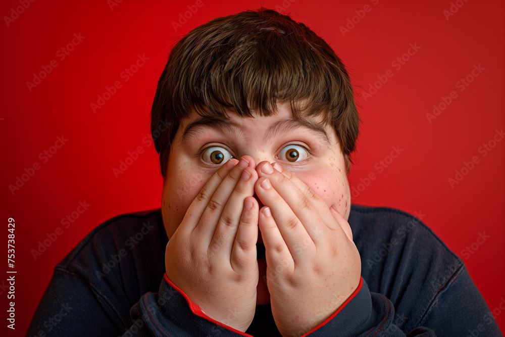 a photograph of a 18 year old chubby boy who is sadly surprised holding ...