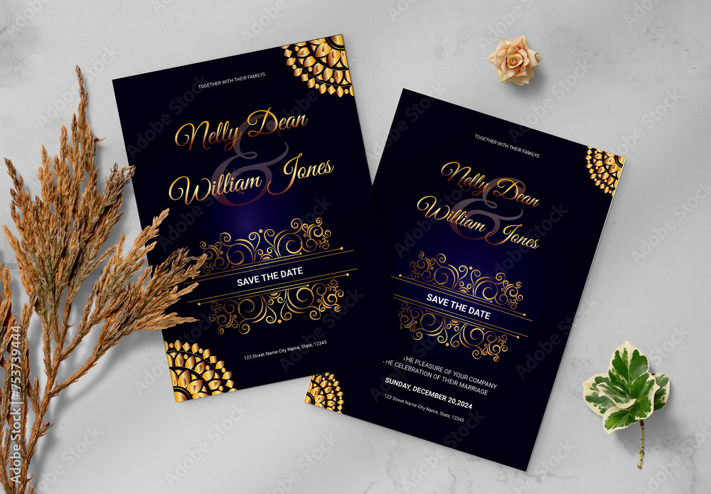 Dark Blue Color Wedding Invitation Card Design Layout Stock Template ...
