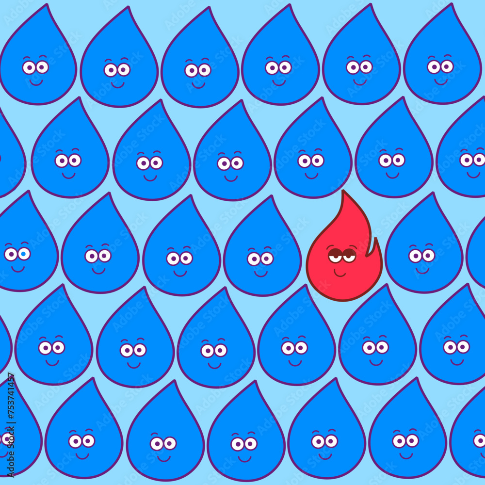 Water drop and fire flame cute emoji character isolated. Hot cartoon ...