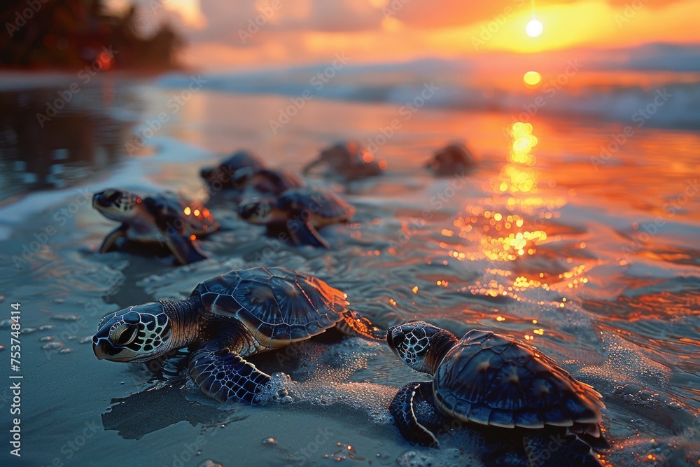 Newborn sea turtles make their first voyage to the sea with the golden ...