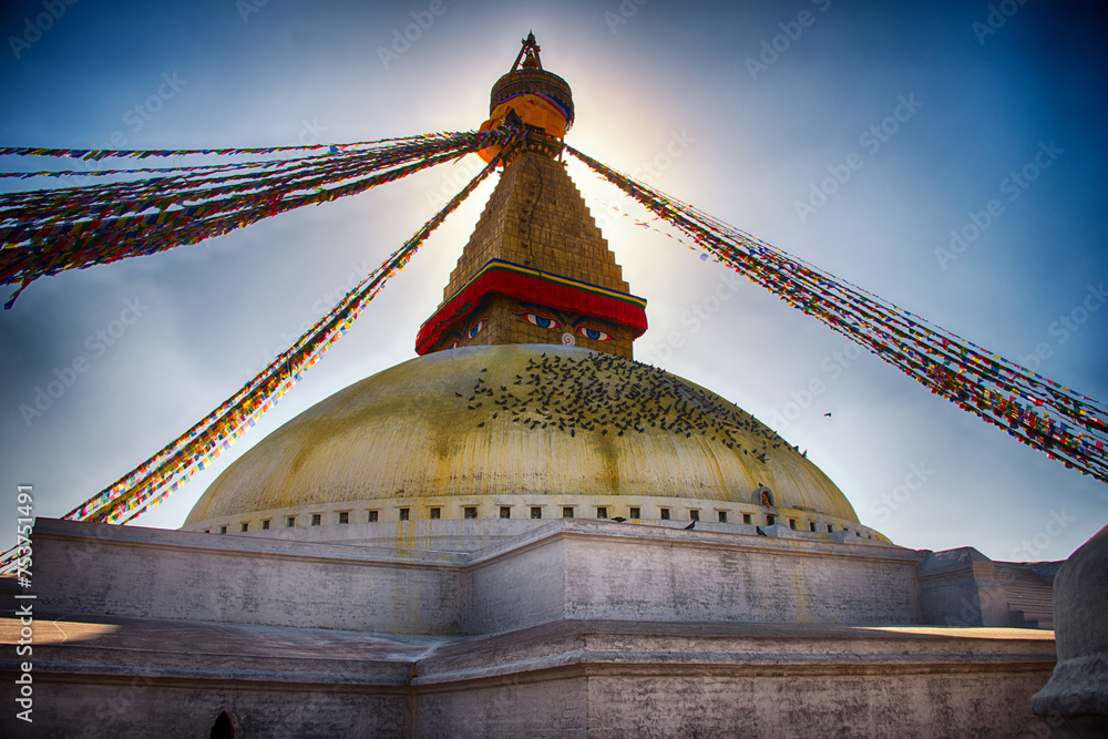 Sun Halo over the Boudhanath Stupa Encircled by Colorful Prayer Flags ...
