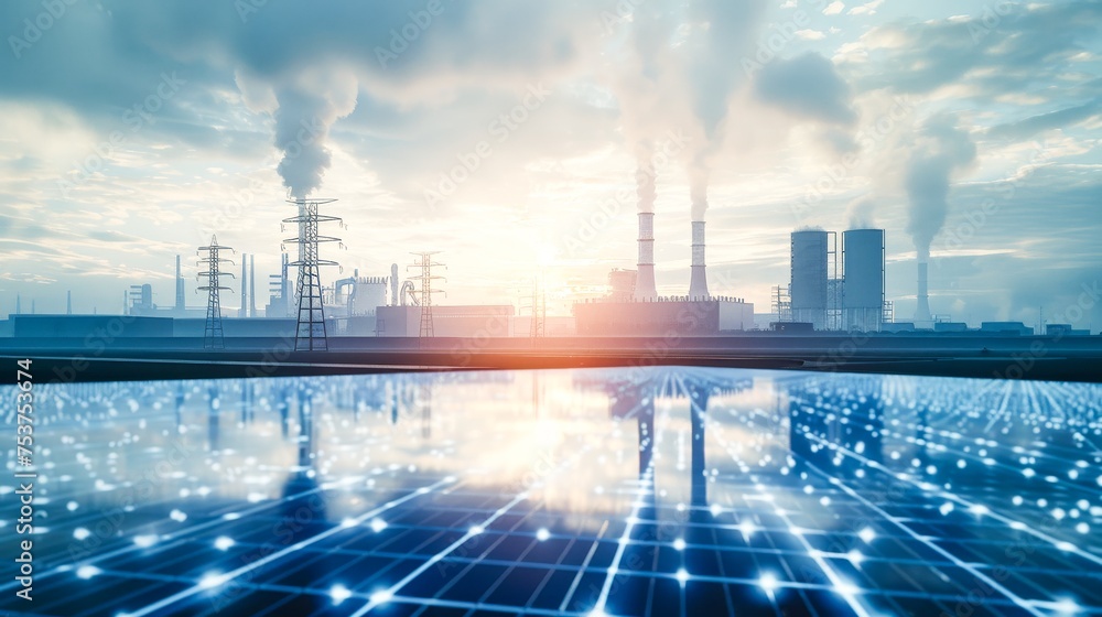 Solar technology with a power plant at the background, in the style of ...
