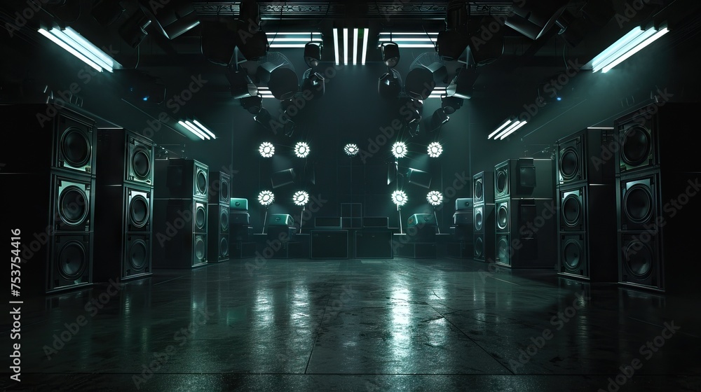 80s vibe picture of a minimalist black stage with numerous ...