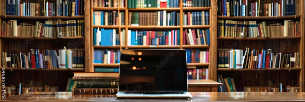 Library desk with books and laptop representing education technology ...