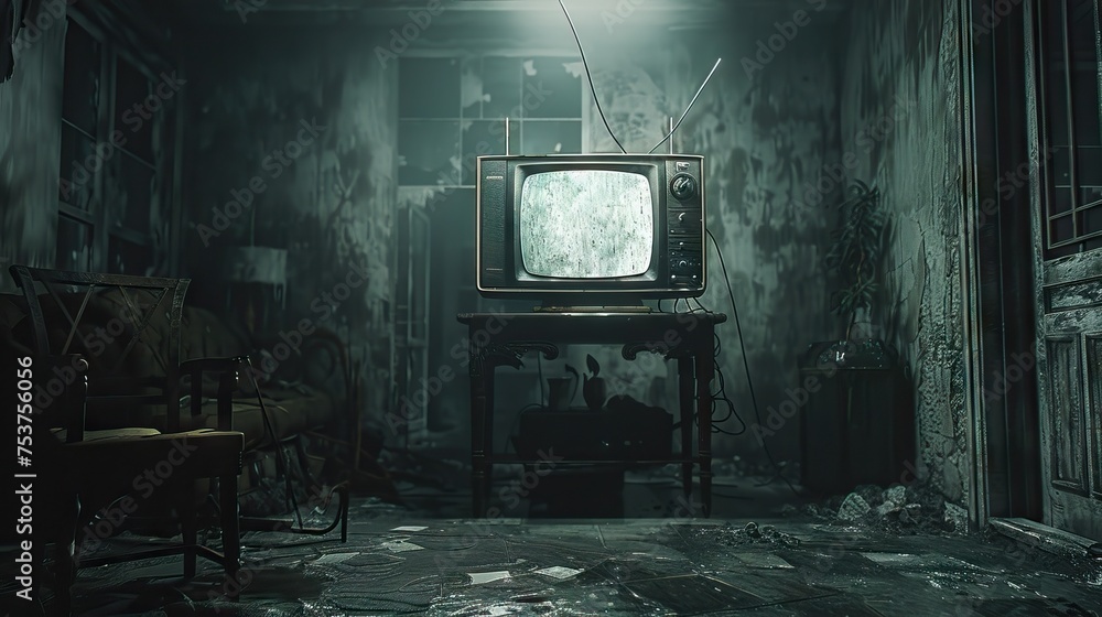 On a table in an abandoned apartment is a creepy old TV broadcasting ...