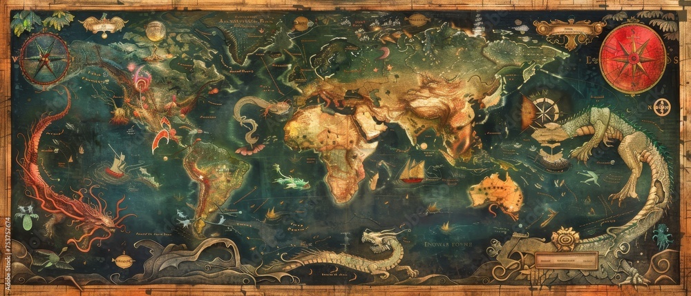 Vintage maps with fantasy creatures, showcasing mystical symbols and ...